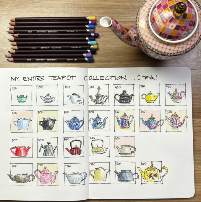 My Entire Teapot Collection - in coloured pencils - Liz Steel : Liz Steel