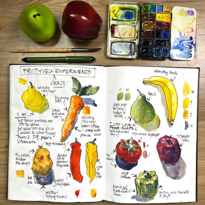 Super fun watercolour experiments sketching fruit and veg - Liz Steel ...